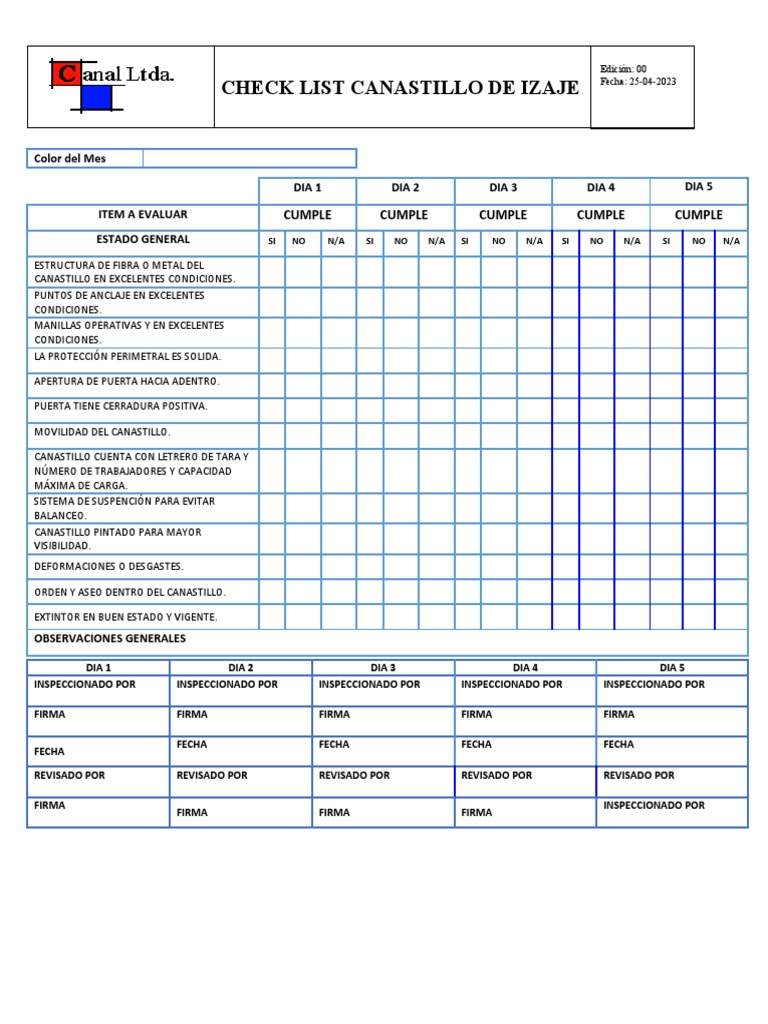Check List Canastillo Izaje | PDF