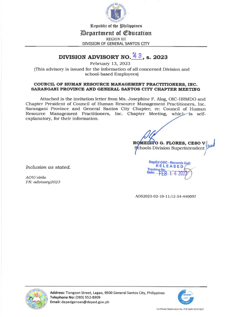 Division Advisory No. 43 S. 2023 Council of Human Resource Management ...
