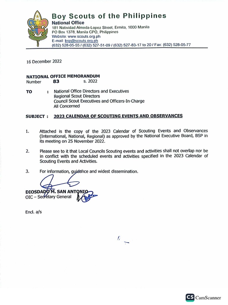 BSP NO Memorandum No.83 S. 2022 2023 Calendar of Scouting Events and Observances | PDF | Metro ...