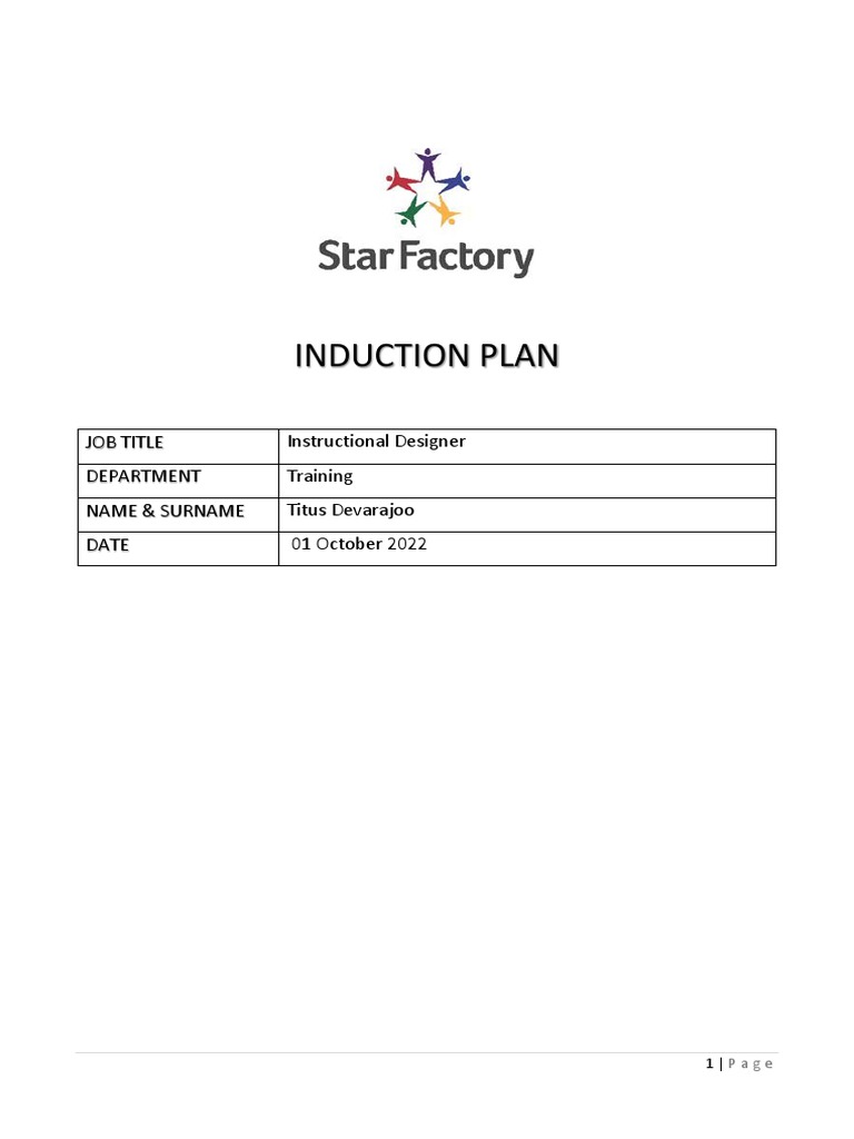 Induction Plan: Job Title Instructional Designer Department Training ...