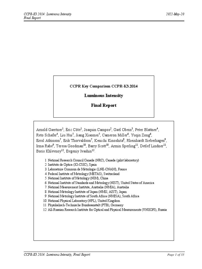 Luminous Intensity Final Report: CCPR Key Comparison CCPR-K3.2014 | PDF | Uncertainty | Metrology