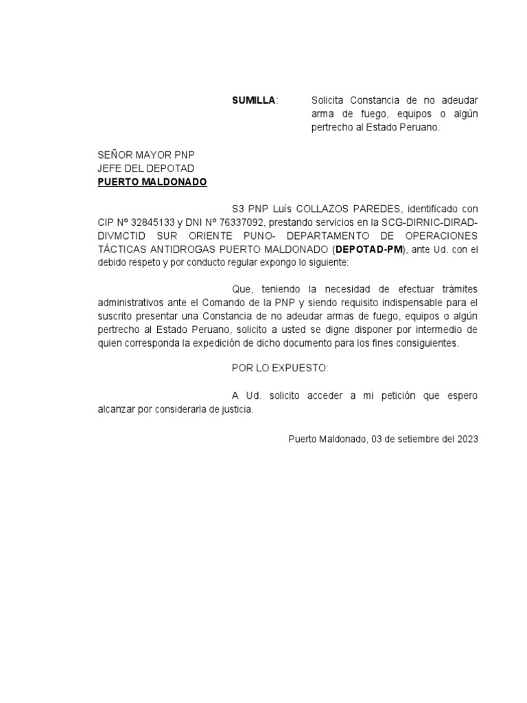 Solicitud - Constancia de No Adeudar Armamento | PDF