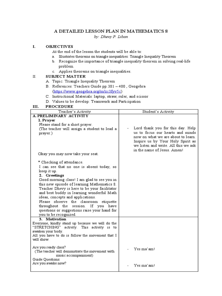 Detailed Lesson Plan in Math Jhs | Download Free PDF | Triangle | Teachers