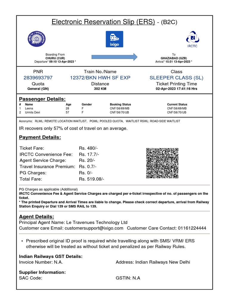 Electronic Reservation Slip (ERS) : 2839693797 12372/Bkn HWH SF Exp Sleeper Class (SL) | PDF ...