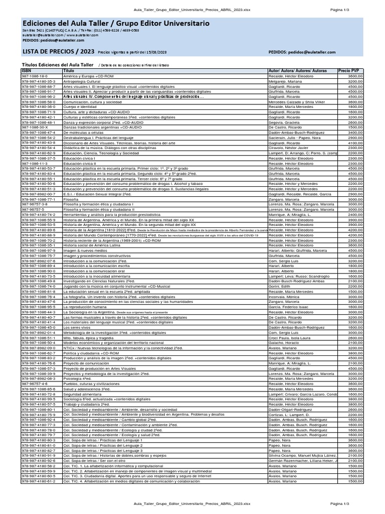 Precios Ediciones Aula Taller 2023 | PDF