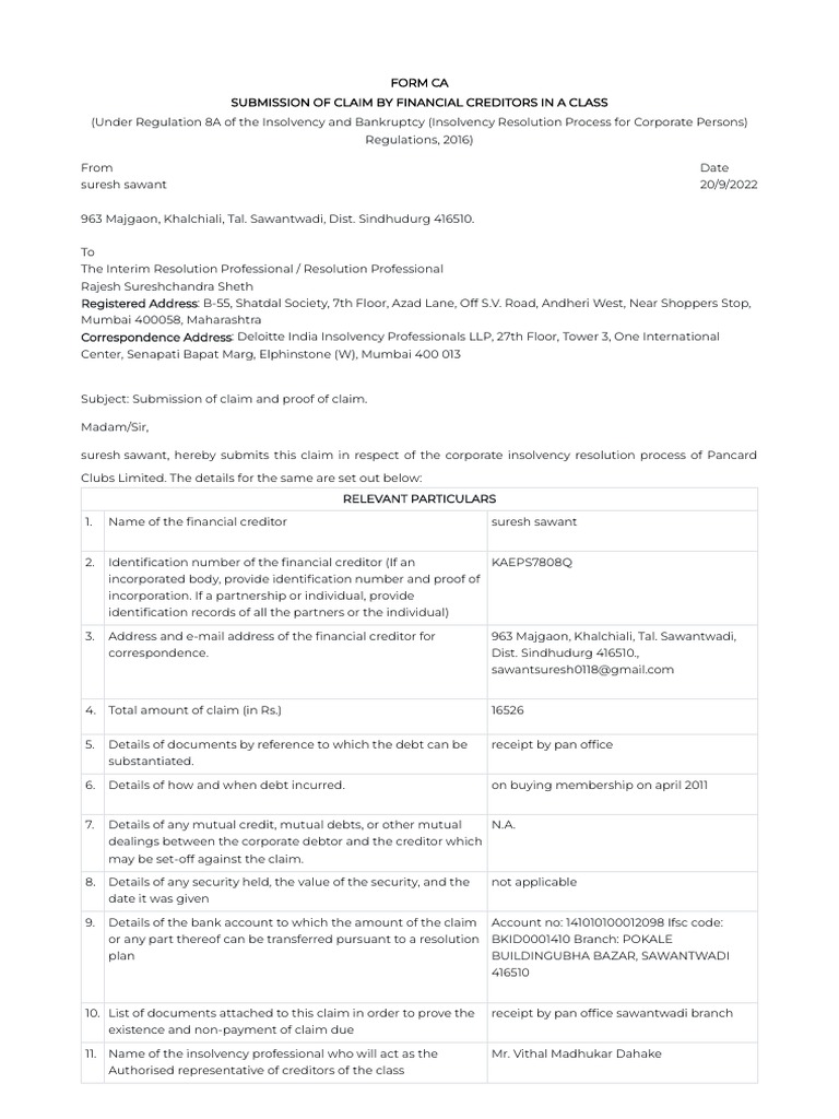 Form Ca Submission of Claim by Financial Creditors in A Class | PDF | Bankruptcy | Creditor