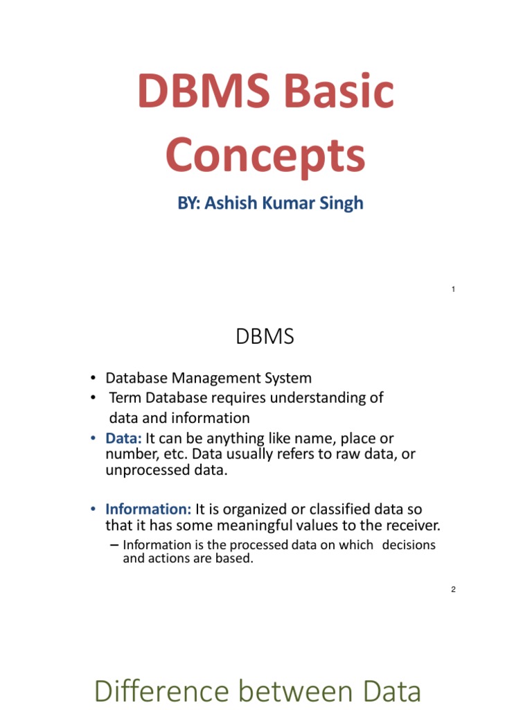 DBMS Basic Concepts: BY: Ashish Kumar Singh | PDF | Databases | Conceptual Model