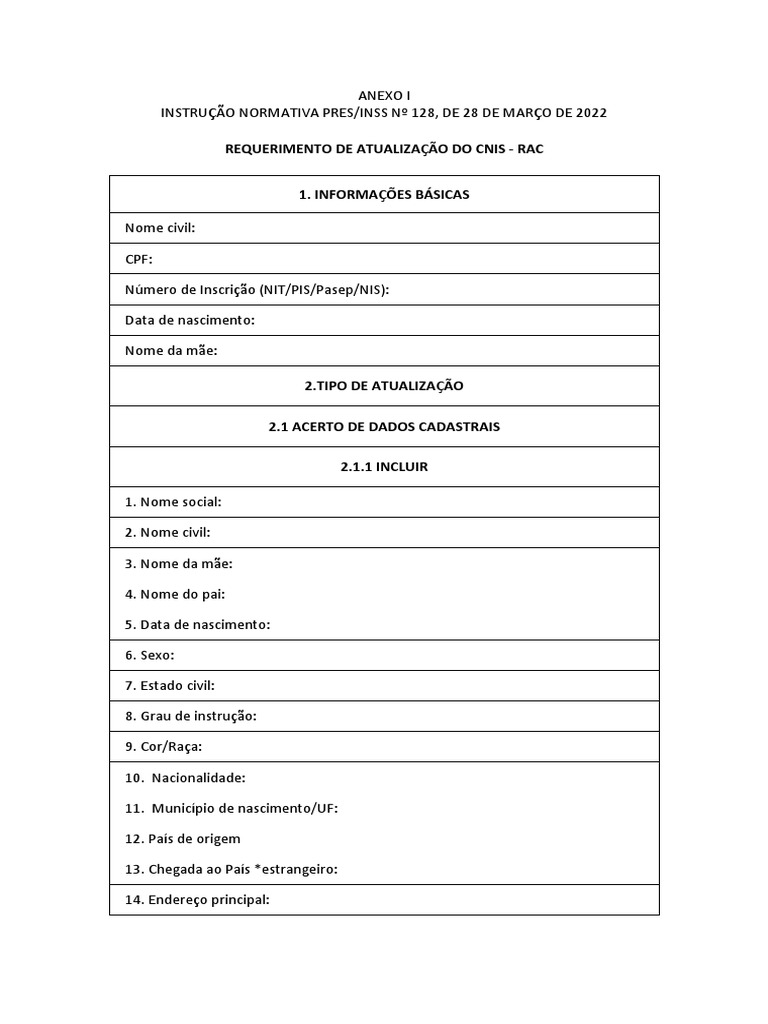 AnexoI Requerimento de Atualizacao Do CNIS RAC | PDF | Brasil | Governo