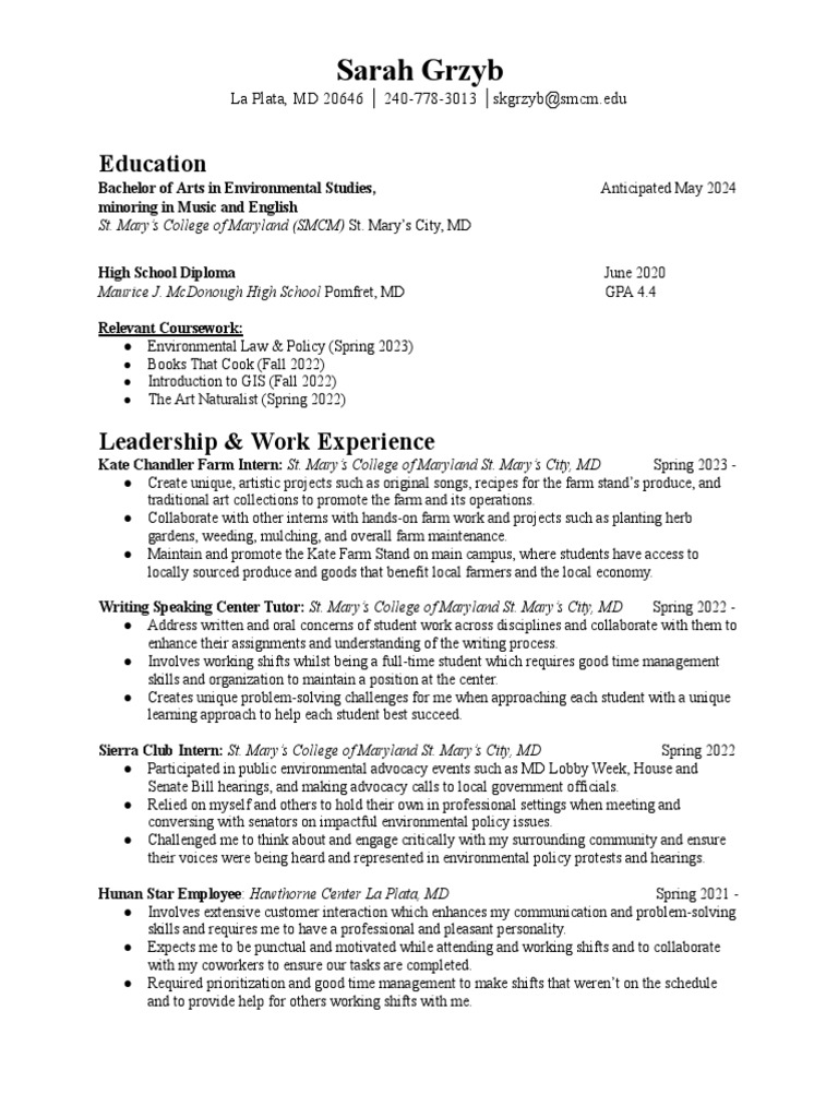 Sarah Grzyb Resume 2023 | PDF