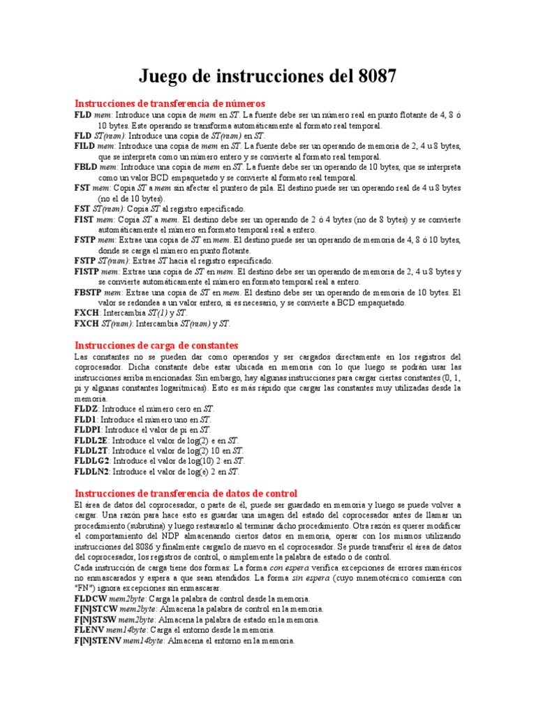 Juego de Instrucciones Del 8087 | PDF | Poco | Almacenamiento de datos de la computadora
