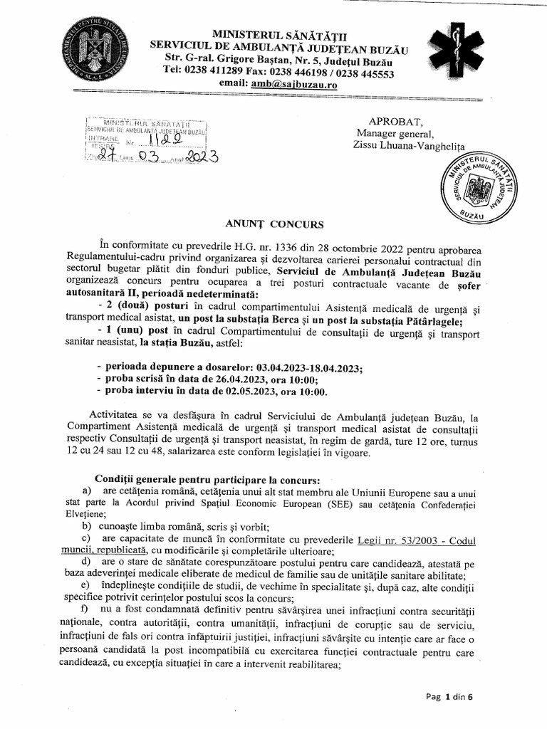 ANUNT Concurs 3 Posturi Vacante Sofer Autosanitara II SAJ Buzau | PDF