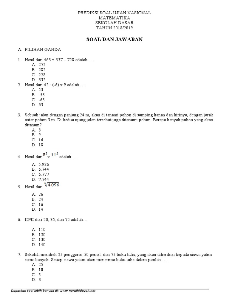 Soal Un MTK SD 2019 | PDF