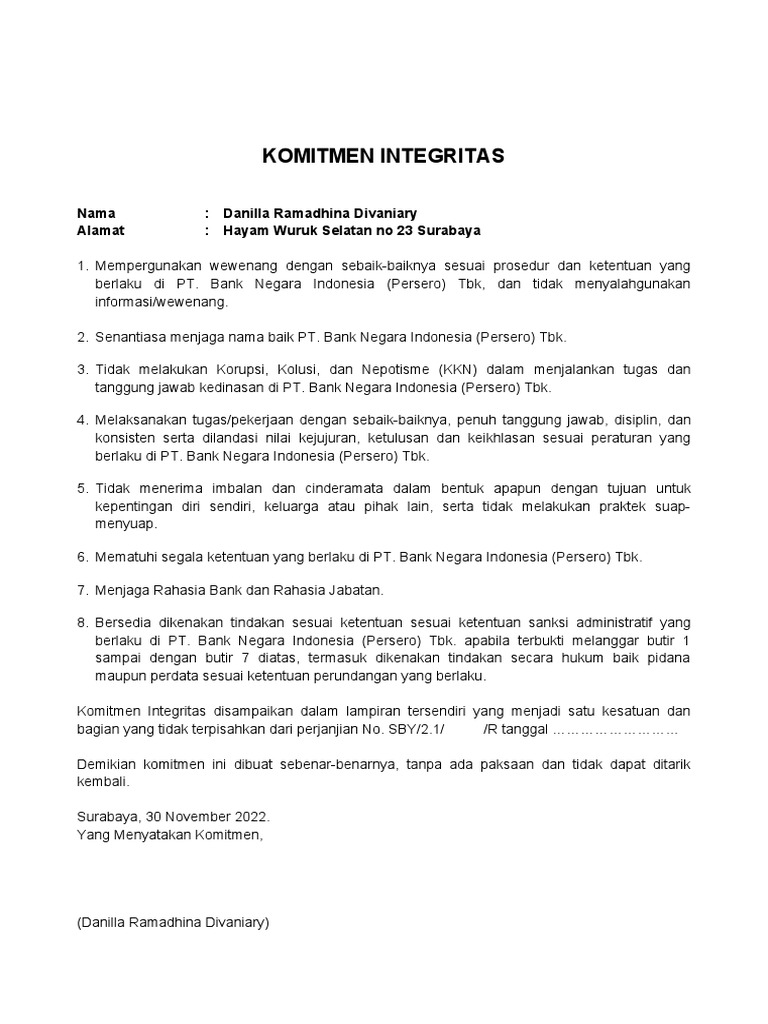 Form Komitmen Integritas (November 2022) DANILLA | PDF