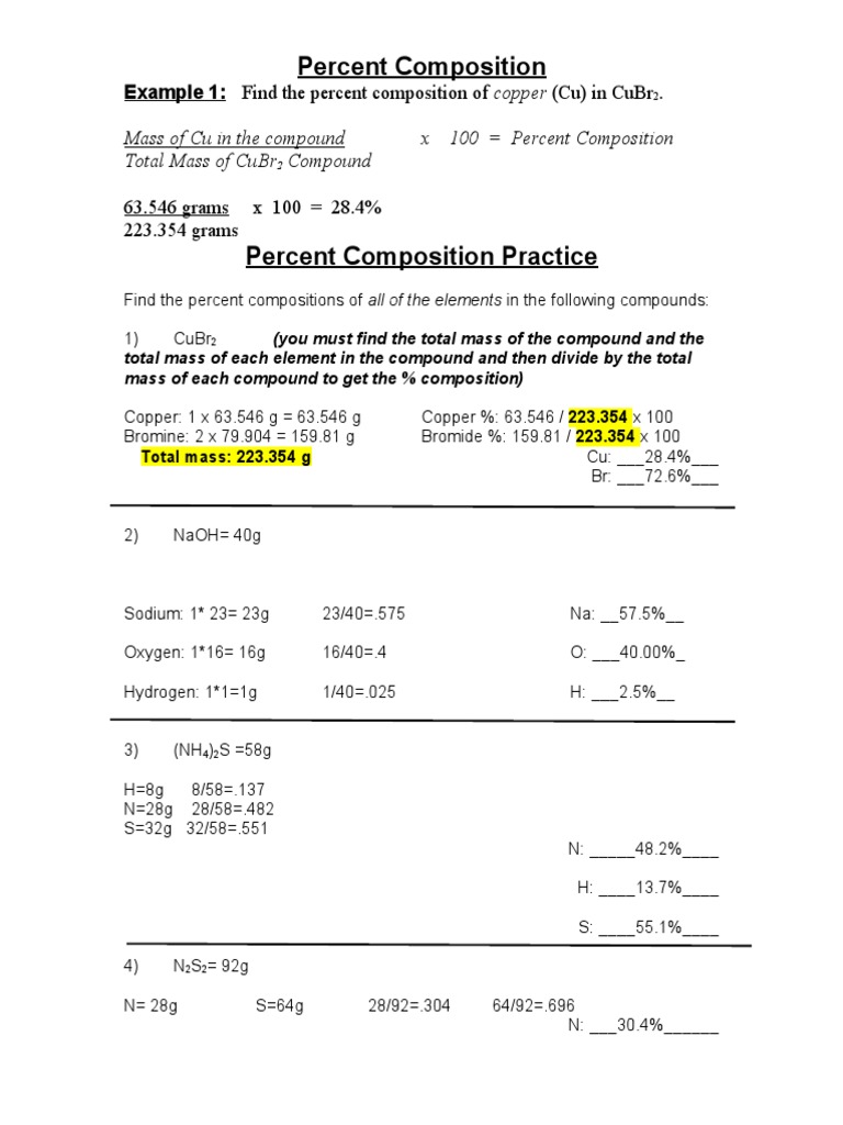 Bryton Williamson - Percent - Composition Practice | PDF | Molecules ...