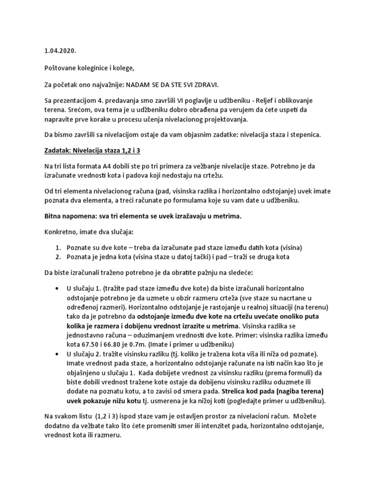 Objasnjenje Zadataka Nivelacija Staza I Stepenice | PDF