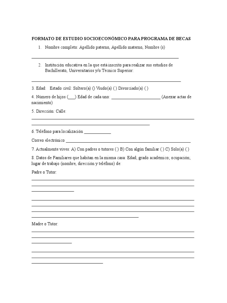Formato de Estudio Socioeconómico para Programa de Becas | PDF