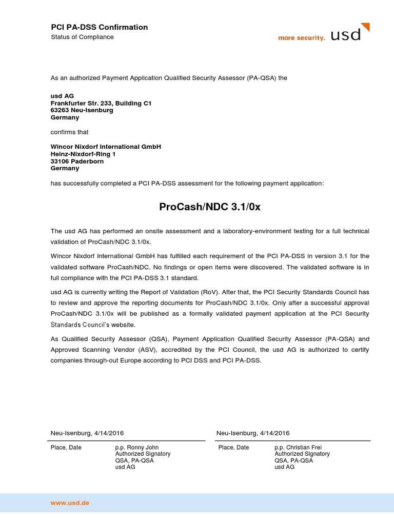 PCI PA-DSS Confirmation Wincor Nixdorf ProCash NDC v31 0x | PDF