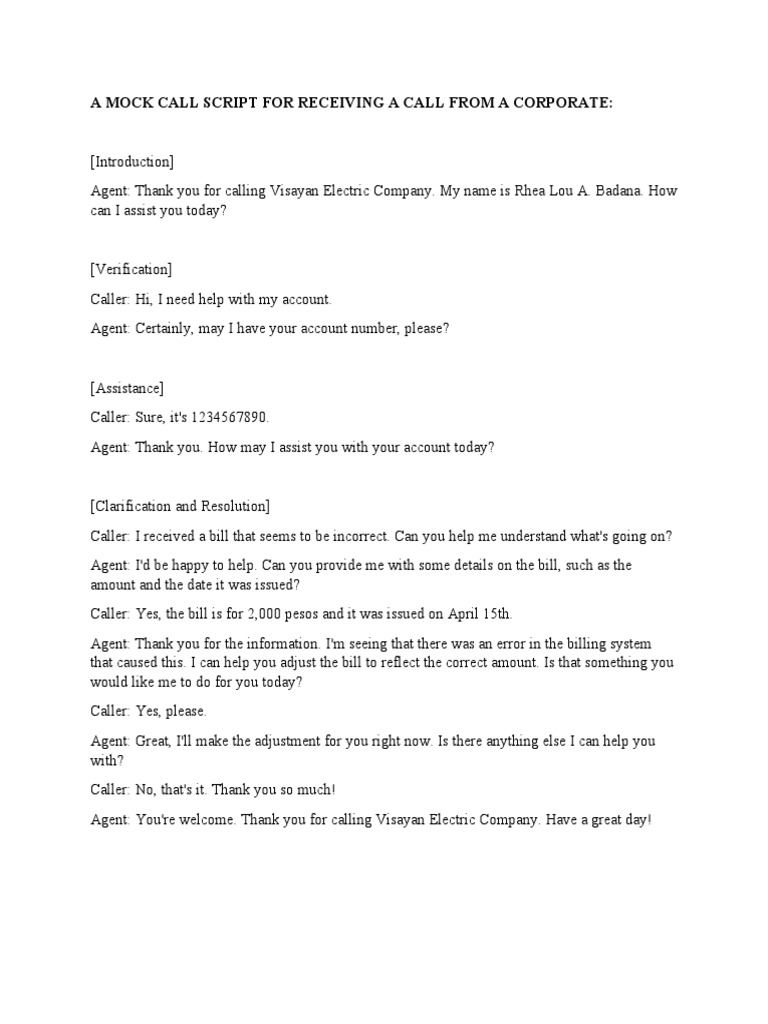 A Mock Call Script For Receiving A Call From A Corporate | PDF | Career ...