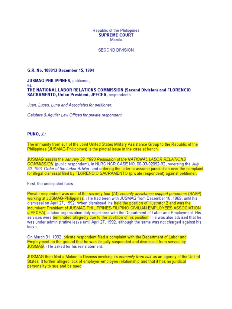 JUSMAG Philippines vs. NLRC 239 SCRA 224 (1994) | PDF | Sovereign ...