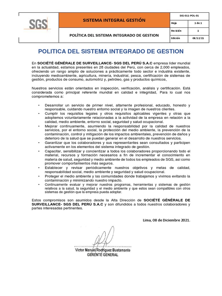 Politica Del Sistema Integrado de Gestion Sgs | PDF | Calidad (comercial) | Seguridad y salud ...