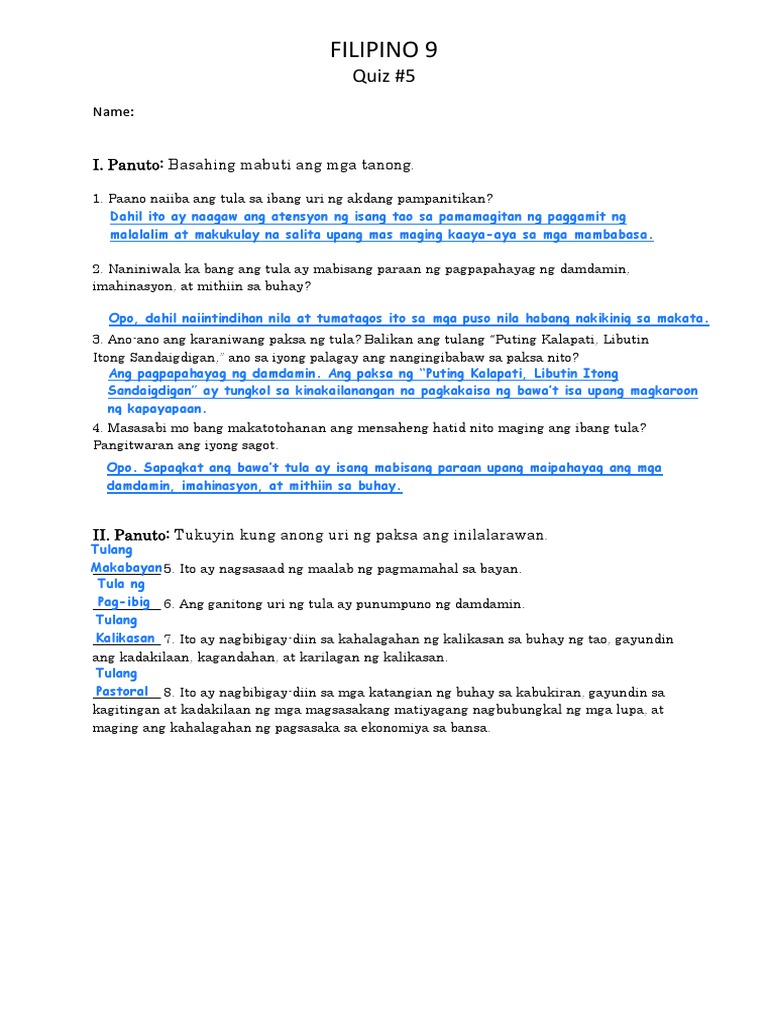 Filipino 9 Quiz | PDF