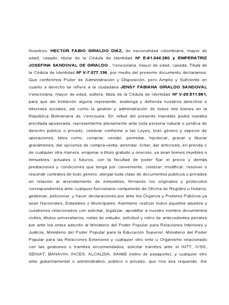 Poder General de Administracion y Disposicion... Ed | PDF | Venezuela