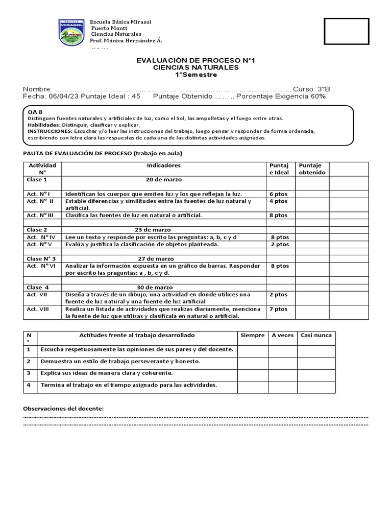 Pauta de Evaluación Trabajo en Aula Ciencias Naturales. | PDF | Cognición