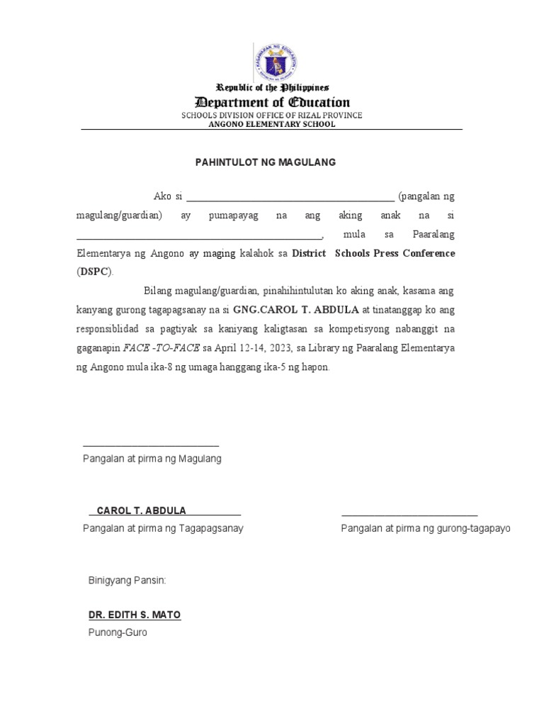 DSPC PAHINTULOT NG MAGULANG | PDF
