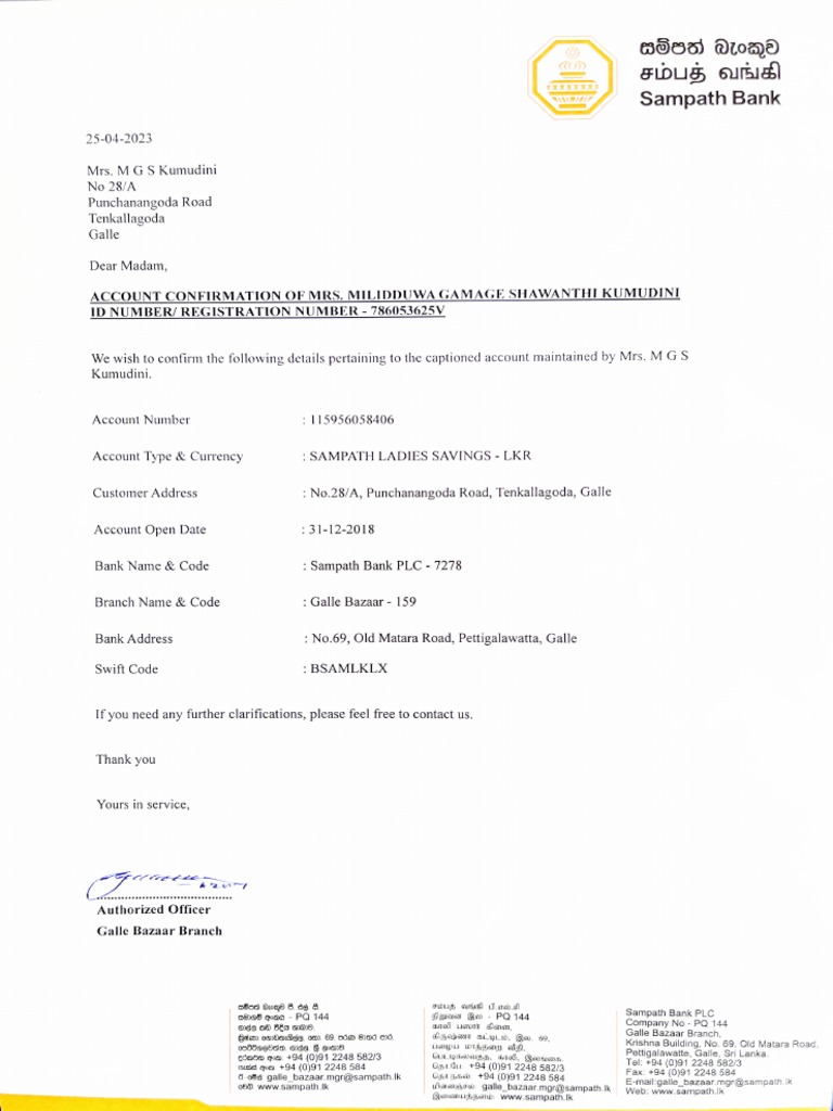 Bank Letter Sampath Bank | PDF