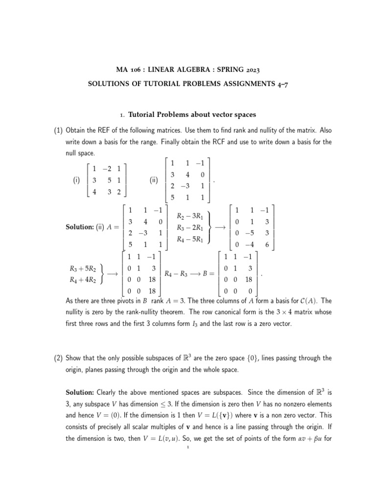 Samplesolutionstut4 7 Pdf Eigenvalues And Eigenvectors Linear Subspace