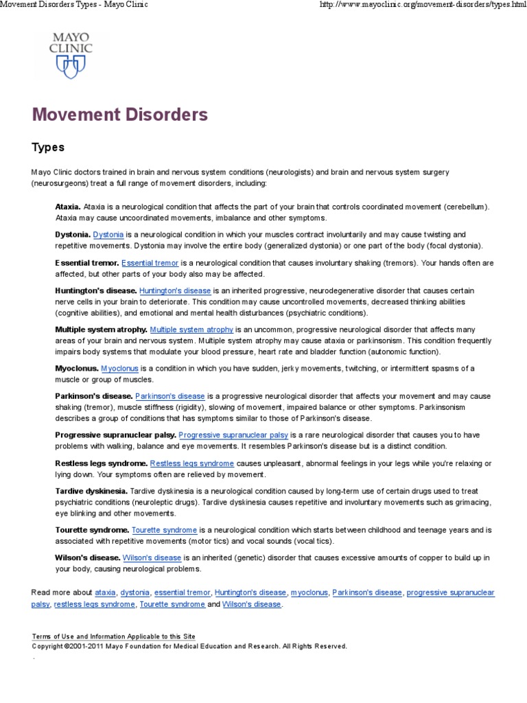Movement Disorders Types - Mayo Clinic | PDF | Dystonia | Tourette Syndrome