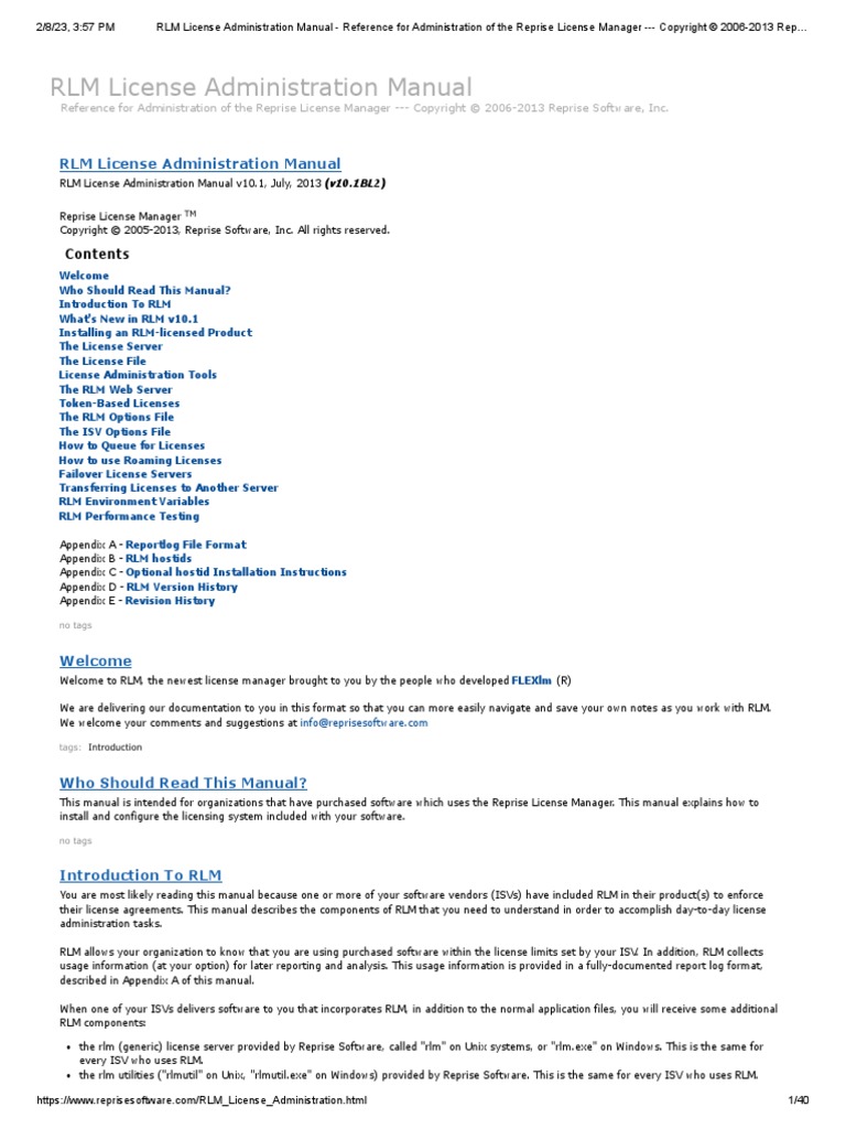 RLM License Administration Manual - Reference For Administration of The Reprise License Manager ...