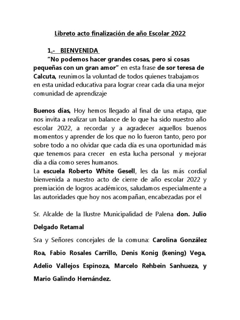 ~[1][8a899778]Libreto acto finalización de año escolar 2022 | PDF