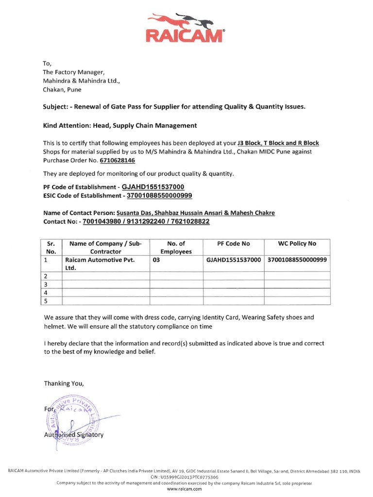 Gate Pass Format | PDF