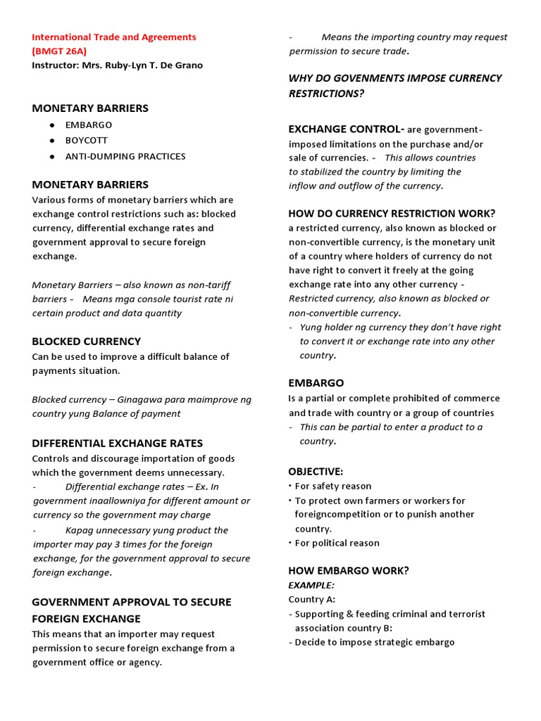 Monetary Barriers Exchange Control-: Instructor: Mrs. Ruby-Lyn T. de Grano | Download Free PDF ...