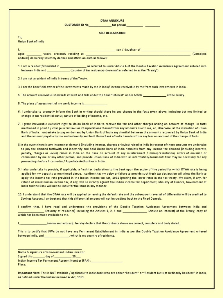 Dtaa Annexure CUSTOMER ID No - For Period - Self Declaration | PDF
