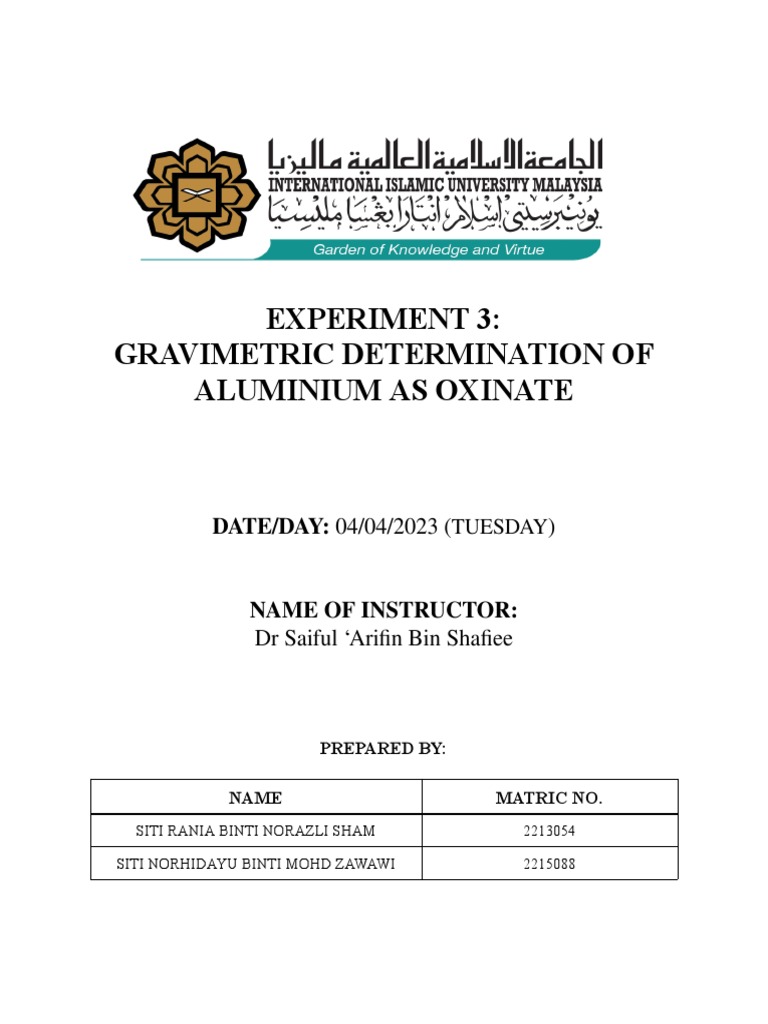 Gravimetric Determination of Aluminium As Oxinate | PDF | Chemical ...