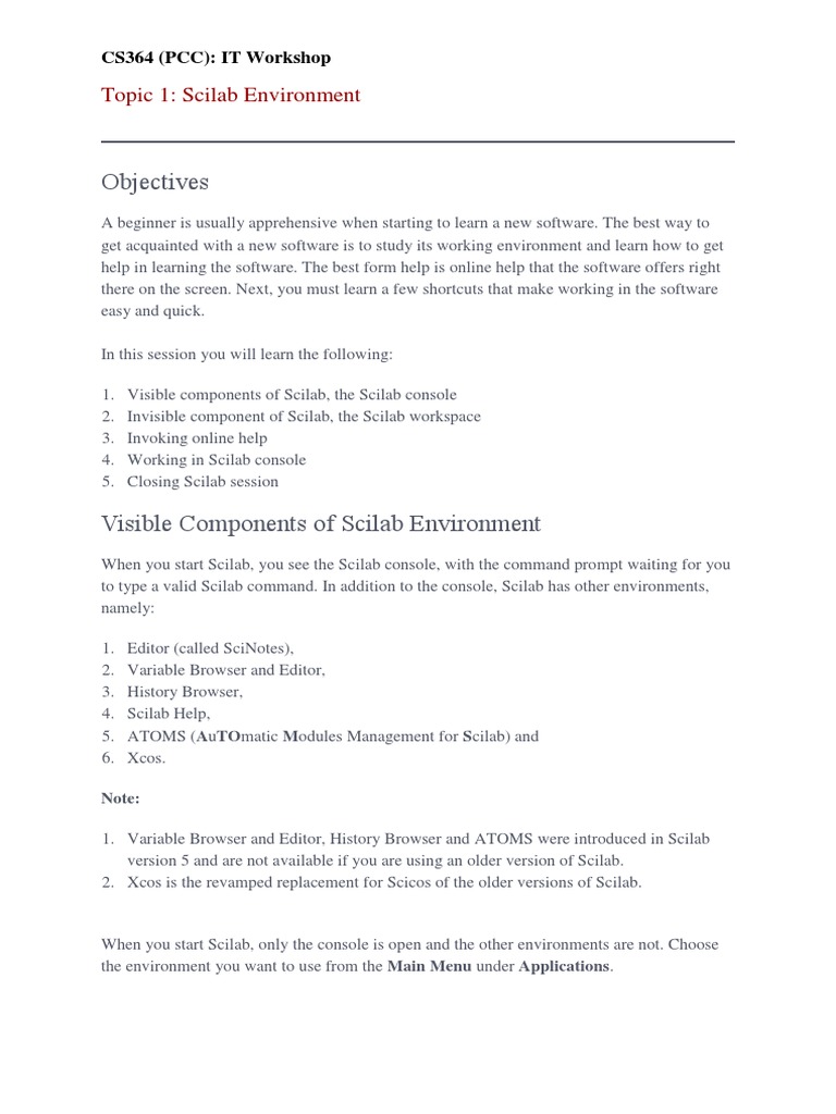 Scilab Environment and Basics Guide | PDF | Matrix (Mathematics) | Command Line Interface
