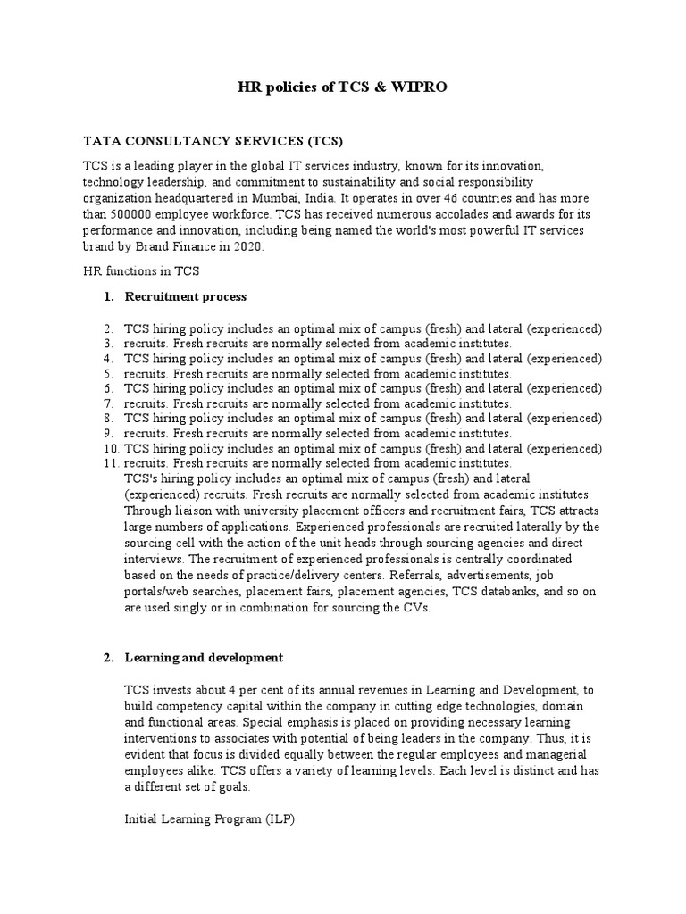 HR Policies of TCS and Wipro | PDF | Recruitment | Educational Technology