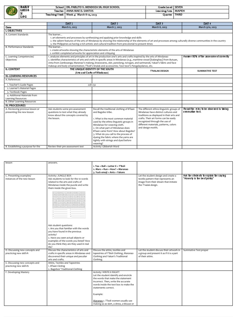 Q3 Wk4 Arts | PDF | Cognition | Learning