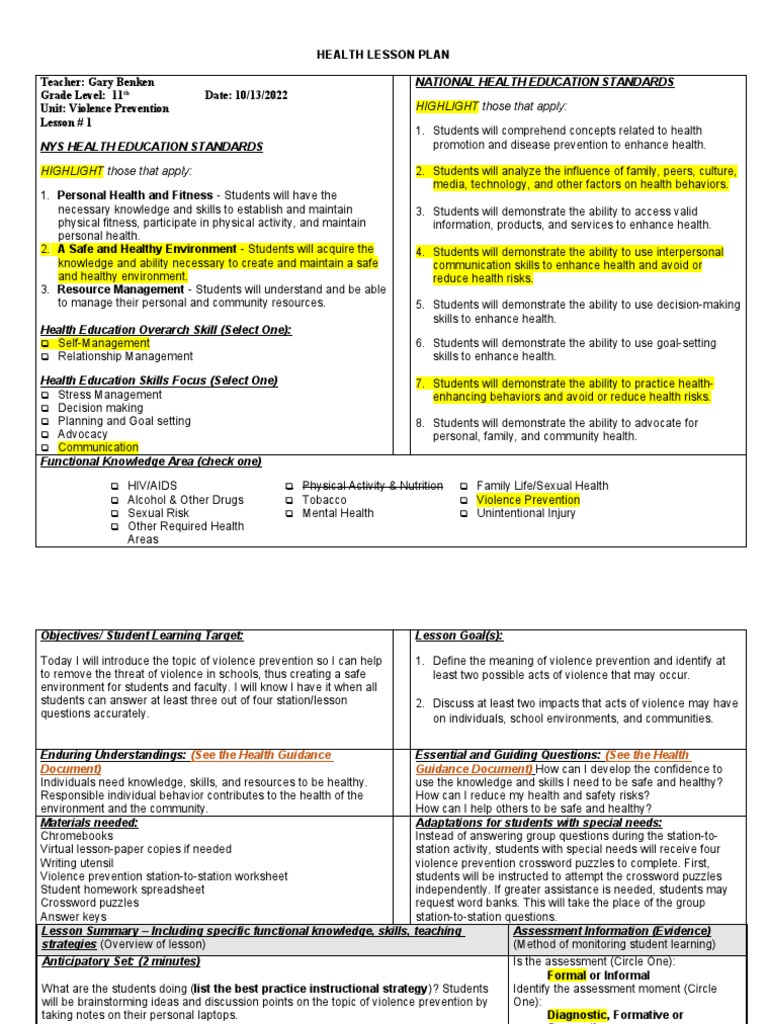 Lesson Plan For Violence Prevention | PDF | Educational Assessment ...