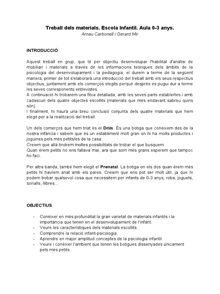 Treball Materials - Escola Infantil. Aula 0-3 | PDF