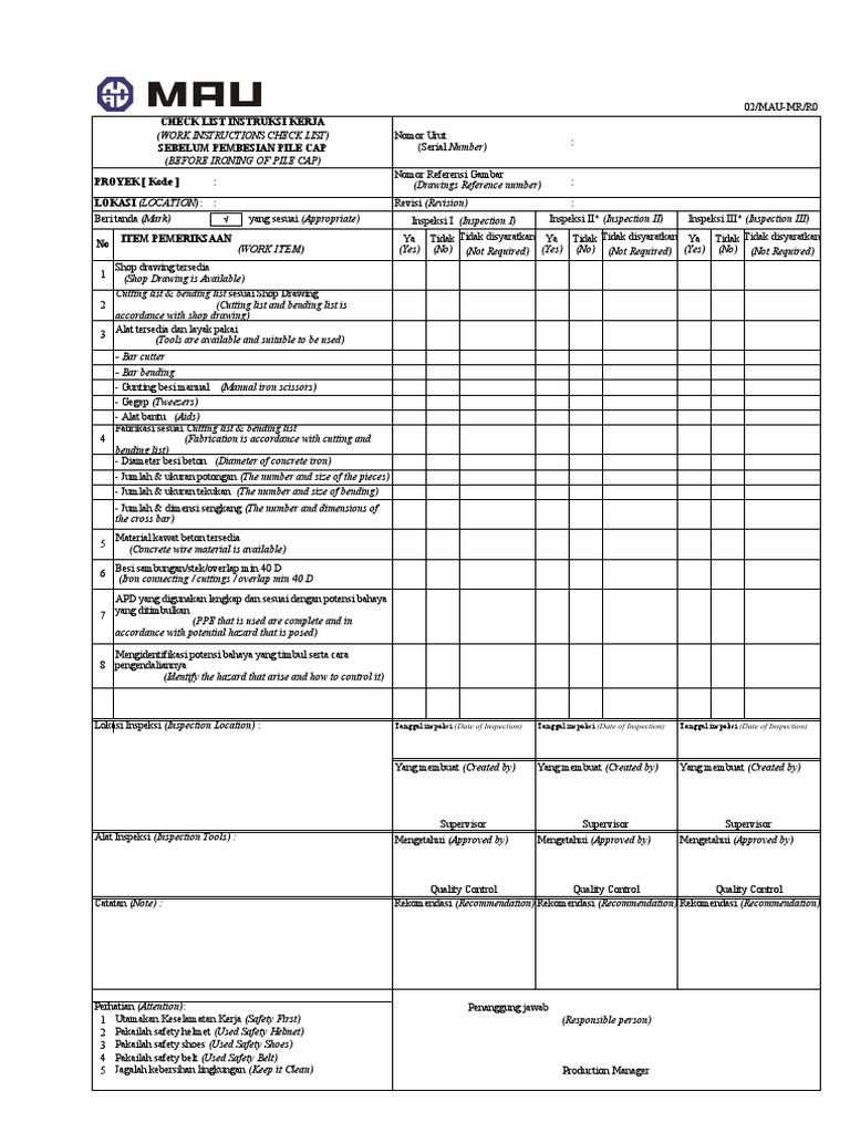 Check List Instruksi Kerja Sebelum Pembesian Pile Cap PROYEK (Kode) No ...