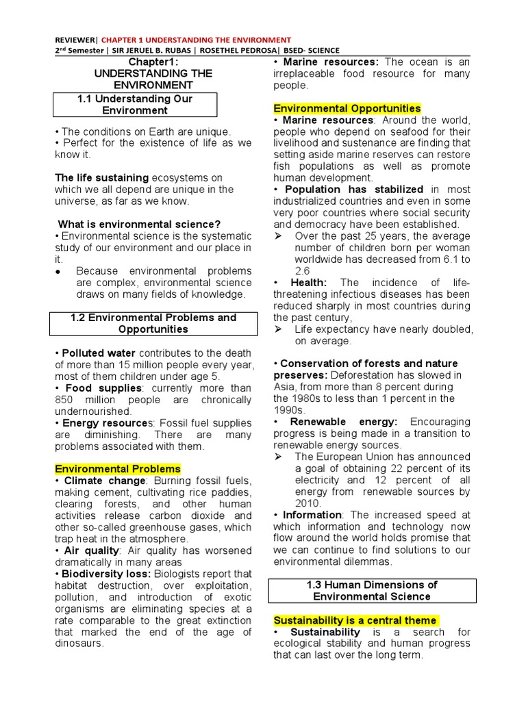 Chapter 1 Understanding The Environment: Reviewer - 2 Semester - Sir Jeruel B. Rubas - Rosethel ...