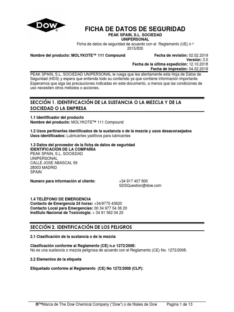 499ficha-seguridad-FDS MOLYKOTE 111 (02.02.19) | PDF | Agua | Toxicidad