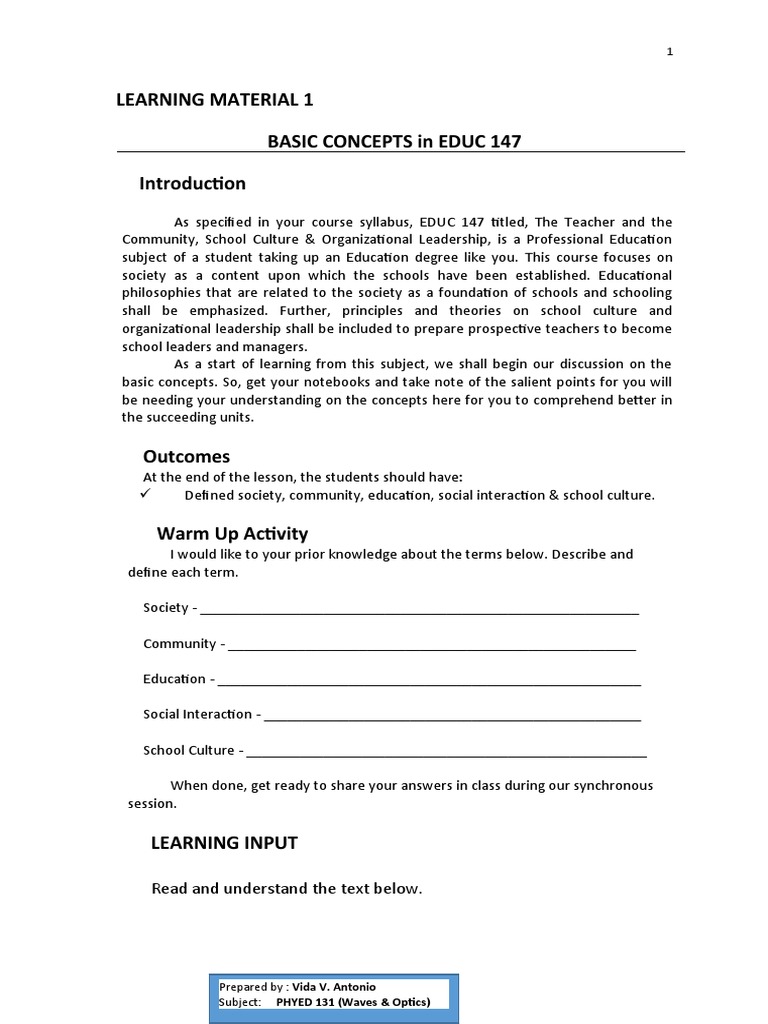 Learning Material 1 Basic Concepts in Educ 147: Read and Understand The ...