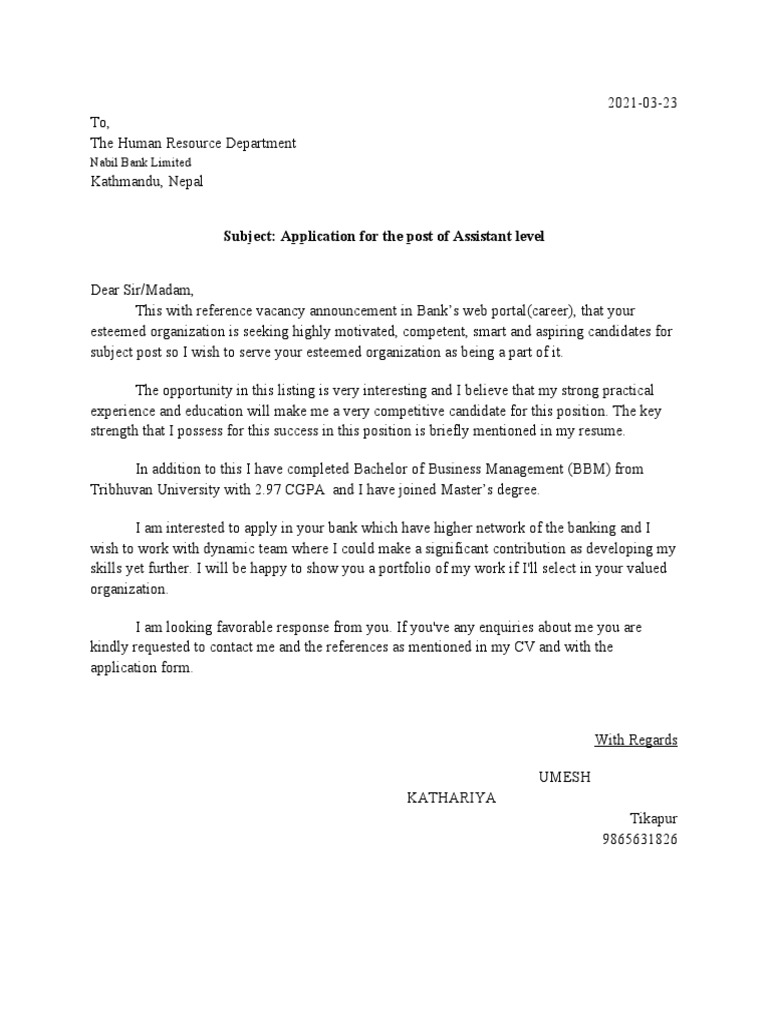 Job Application Letter Trainee Assistant | PDF