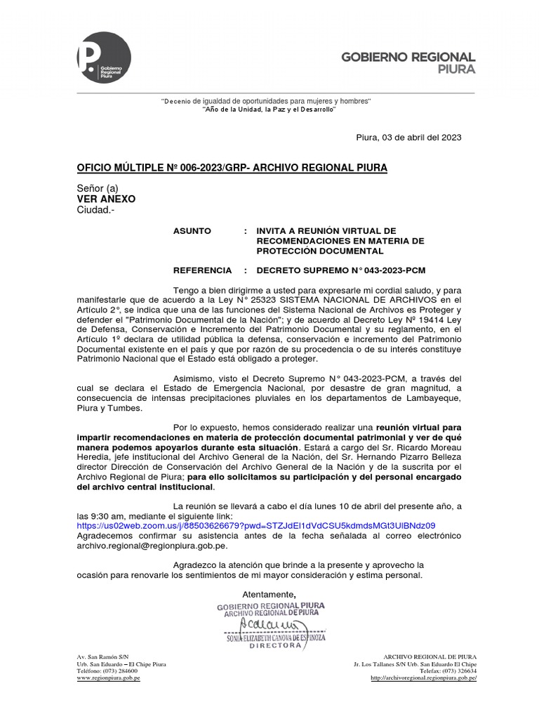 Oficio Múltiple #006-2023/Grp-Archivo Regional Piura: Señor (A) Ciudad. | PDF | Ciencias ...