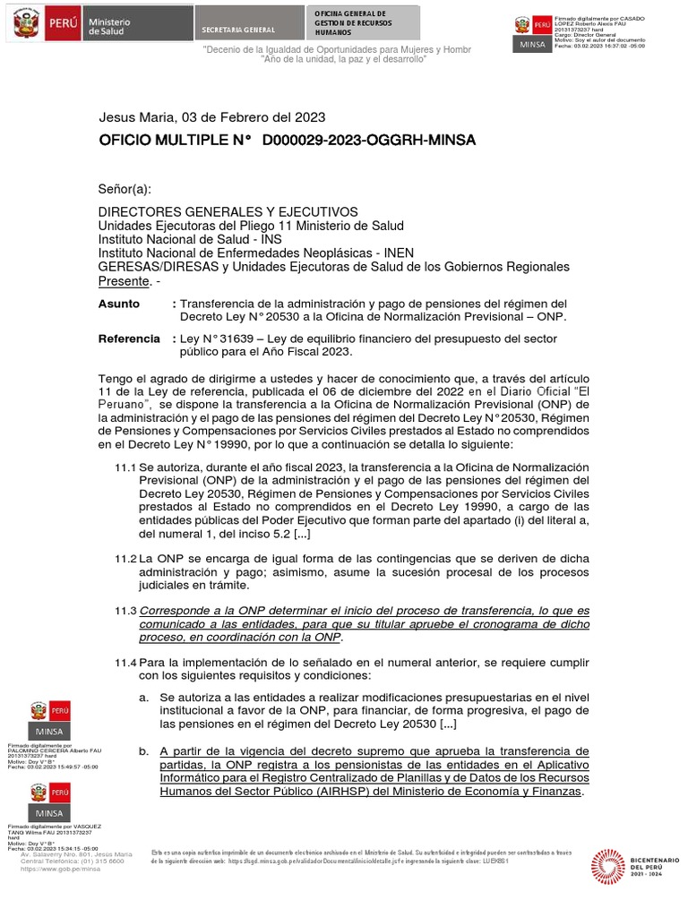 Oficio Multiple #D000029-2023-Oggrh-Minsa: Jesus Maria, 03 de Febrero ...