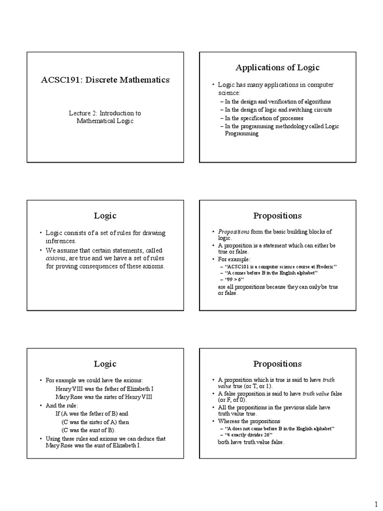 ACSC191 Lecture 02 - 6p - Introduction To Mathematical Logic | PDF | If And Only If | Theorem
